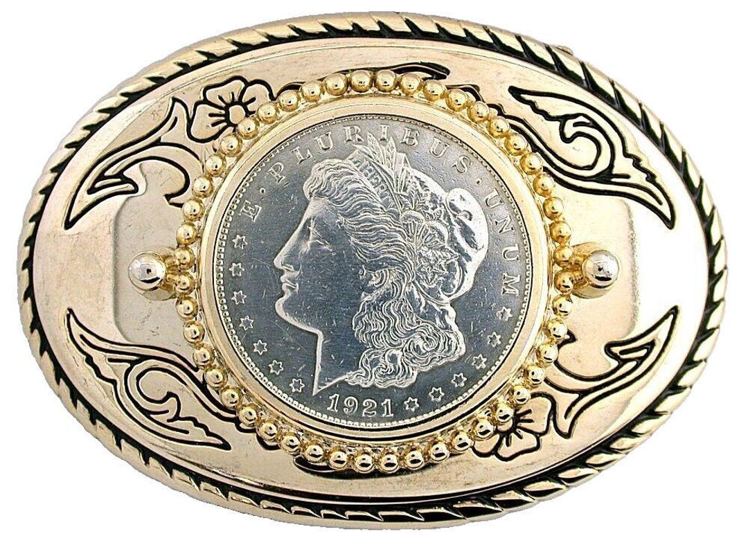 1921 Morgan Silver Dollar Gold Color Western 3 2/5 Inch Belt Buckle ...