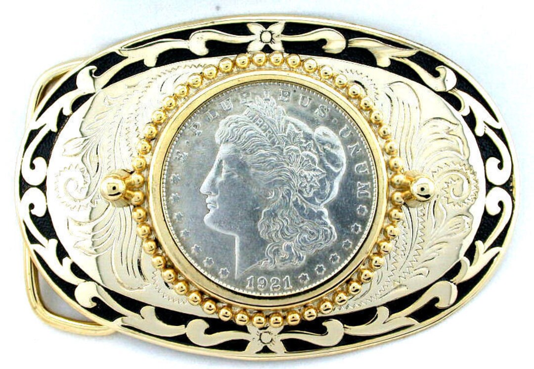 Gold Color Oval Western REAL 1921 Morgan Silver Dollar Belt Buckle ...
