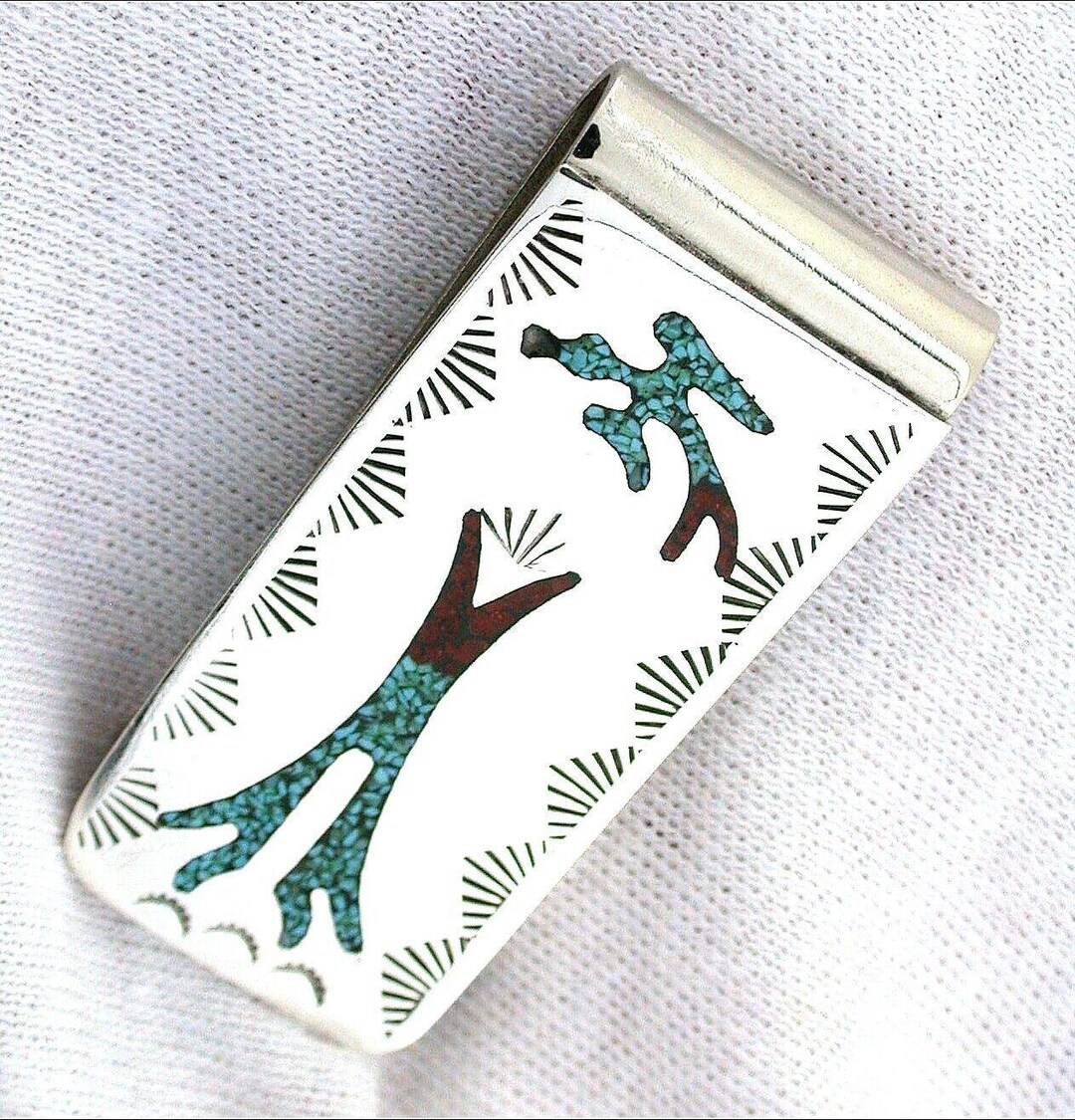1 4/5" Native American Bird Tree Symbol Turquoise Coral Sterling Money ...