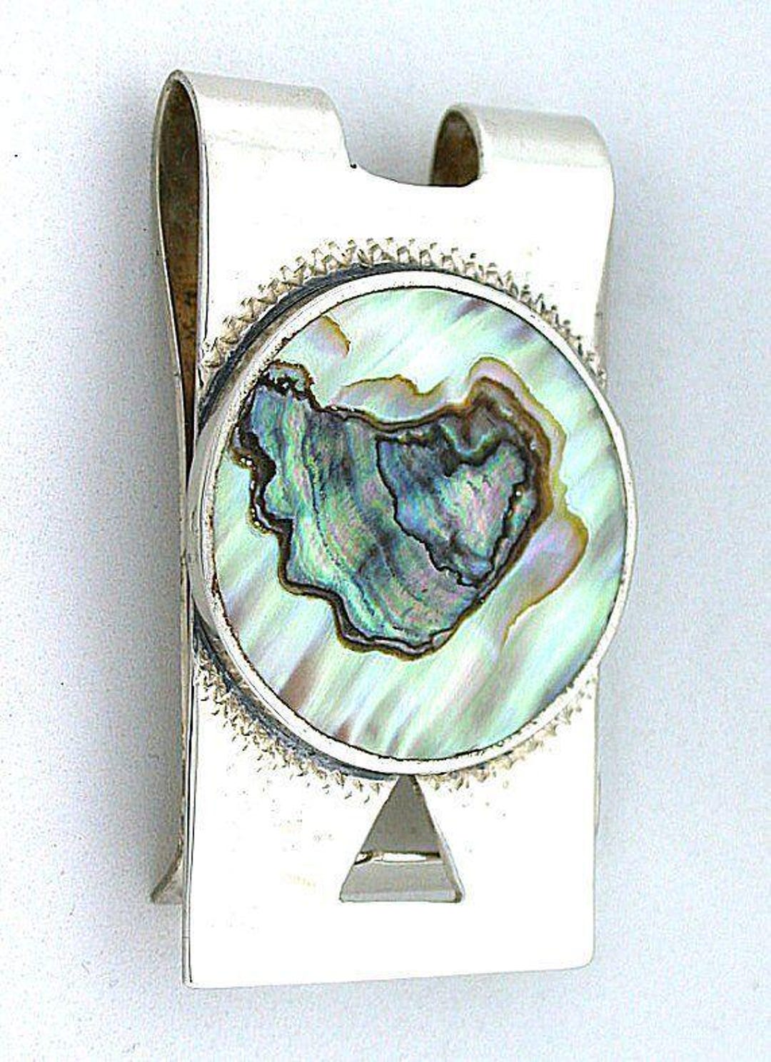 2 X 1 1/10 Inch Round Abalone Cabochon Pure Sterling Silver Money Clip ...