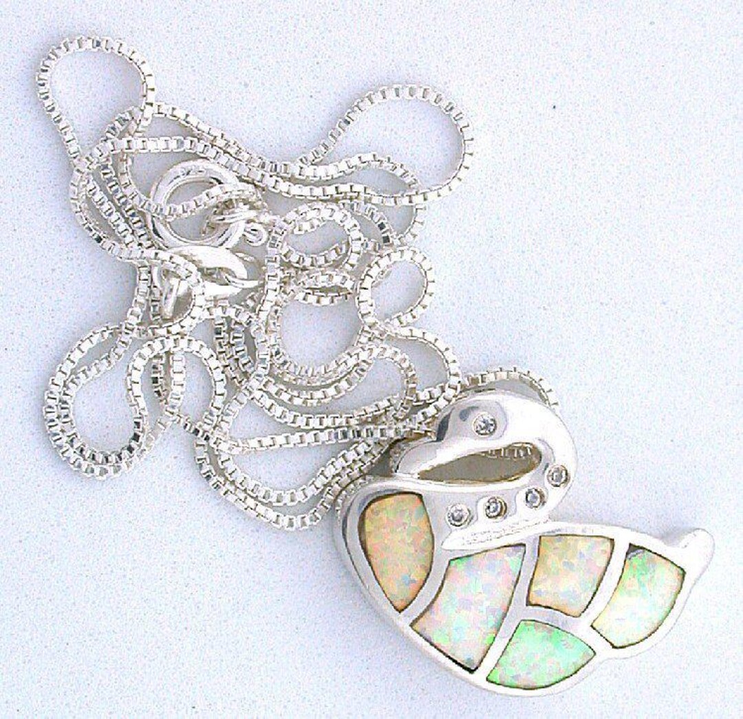 9/10 X 7/10 Inch Sterling Silver Swan With Lab Opal Inlay 18" Box Chain ...