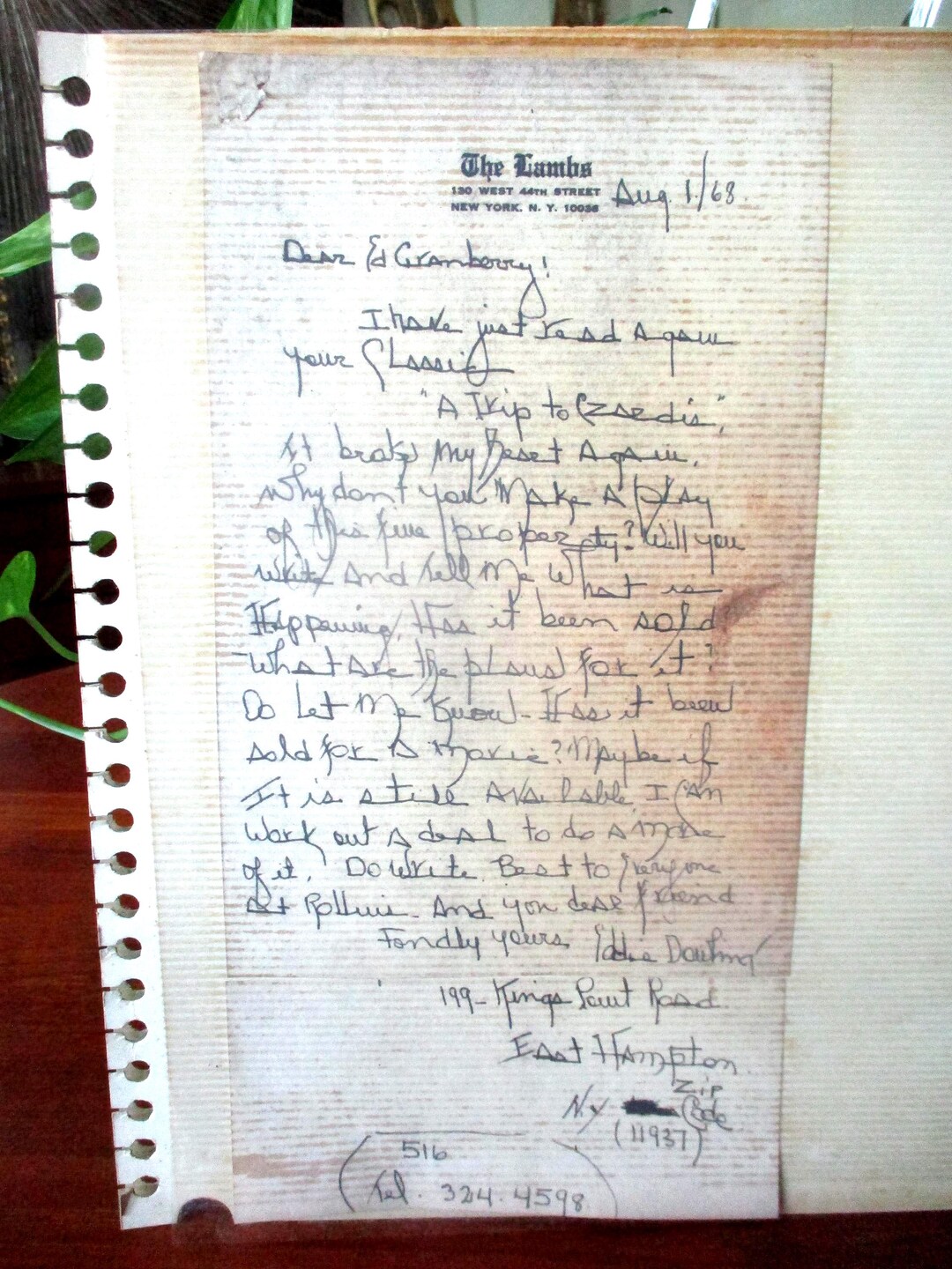 Two Personal Handwritten Letters EDDIE DOWLING 1889~1976 Broadway ...