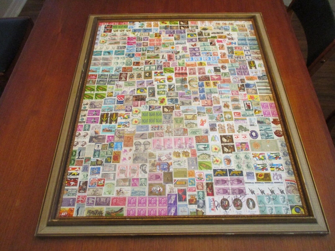 Unique World POSTAGE STAMP ART Display Folk Art Signed Philatelic ...
