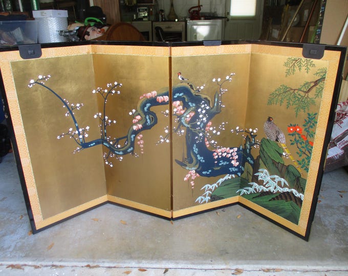 Vintage JAPANESE 4 Panel Silk WALL SCREEN Folding Byobu Divider Inches ...