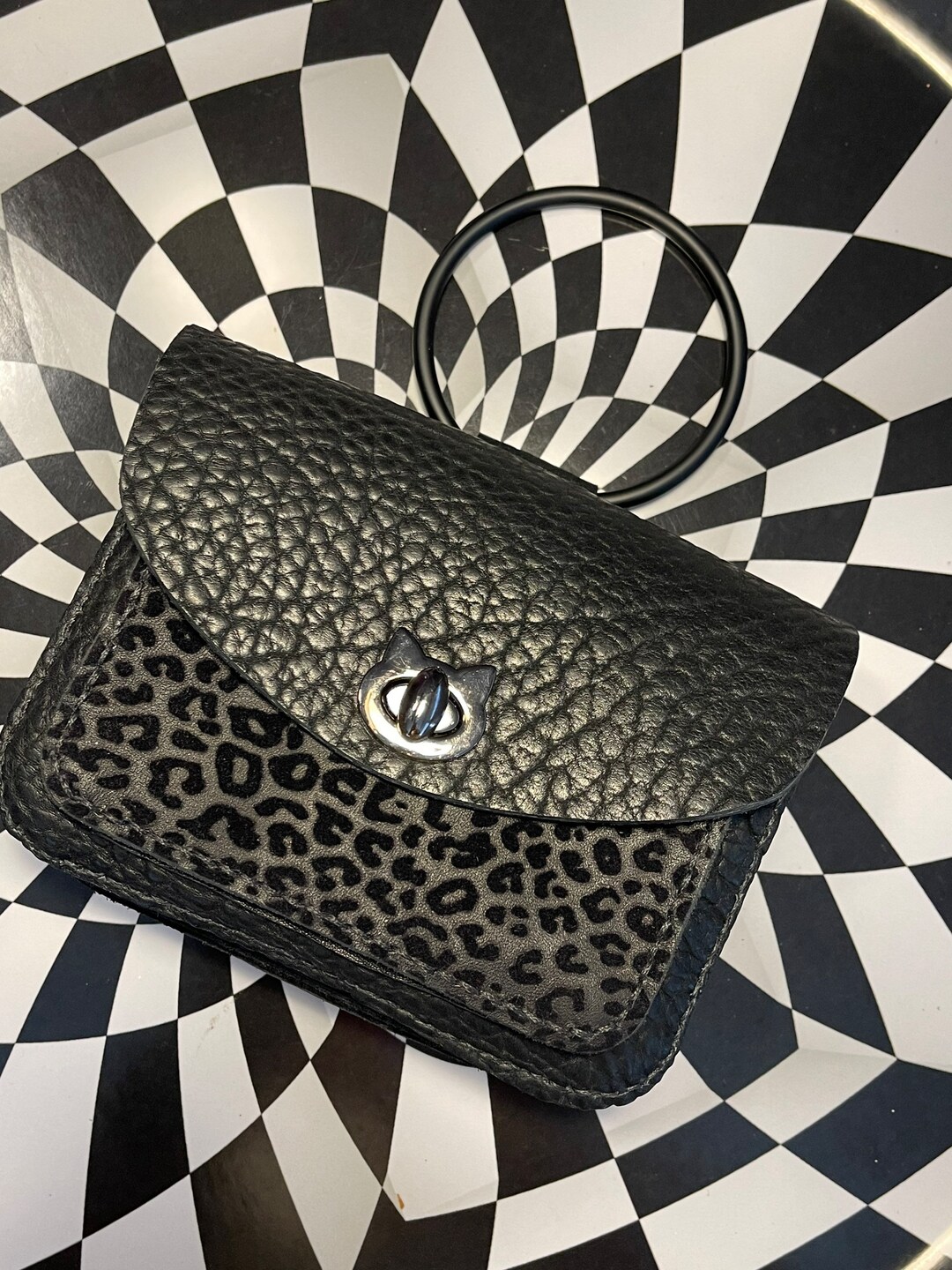 The Romy Ring Top Handle Bracelet Bag! Hand Sewn Leopard Print Leather One of a Kind Kitty Cat ...