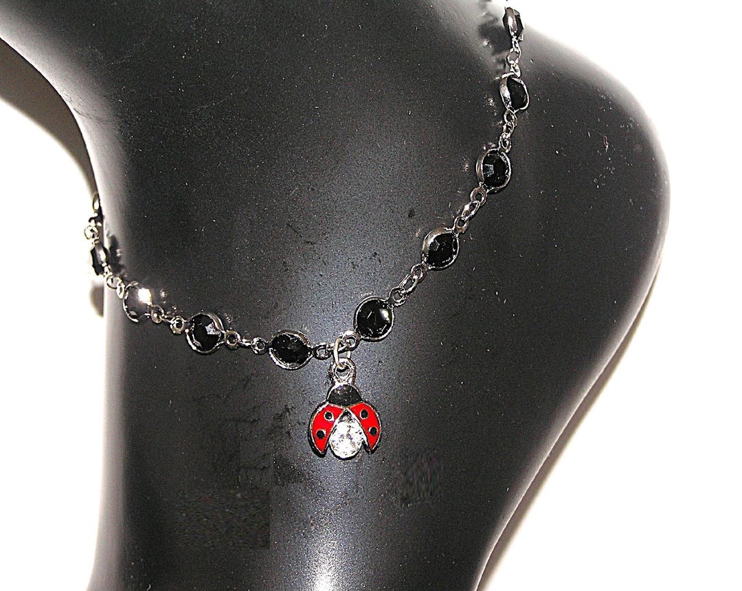 Lucky Ladybug Ankle Bracelet, Anklet With Black Crystals, Enamel & CZ ...