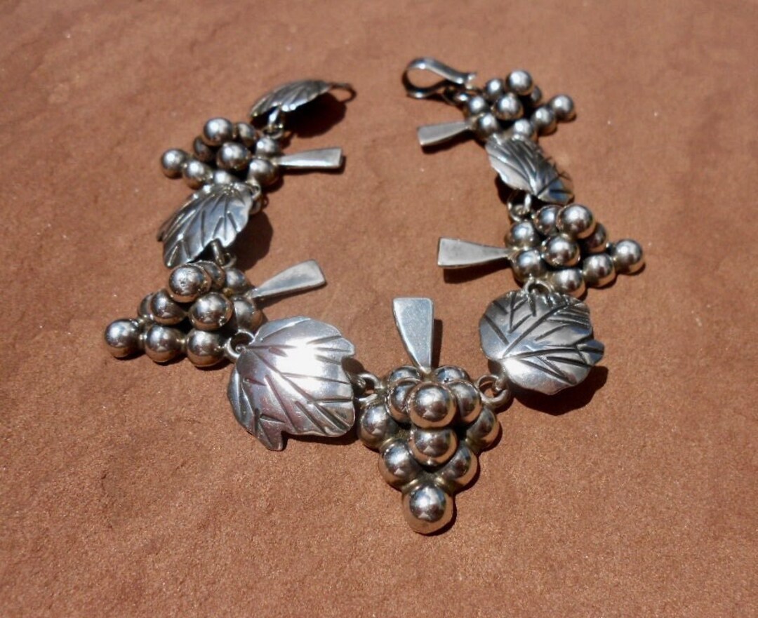 STERLING SILVER Grapes & Grape Leaves Bracelet*fits 6.5 to 7.5 Inch ...