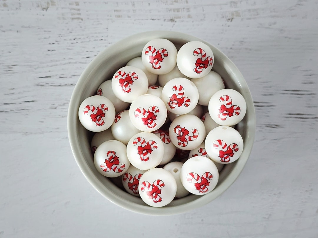 Candy Cane Printed Beads: 20mm Matte White Acrylic Bubblegum Beads (10 ...