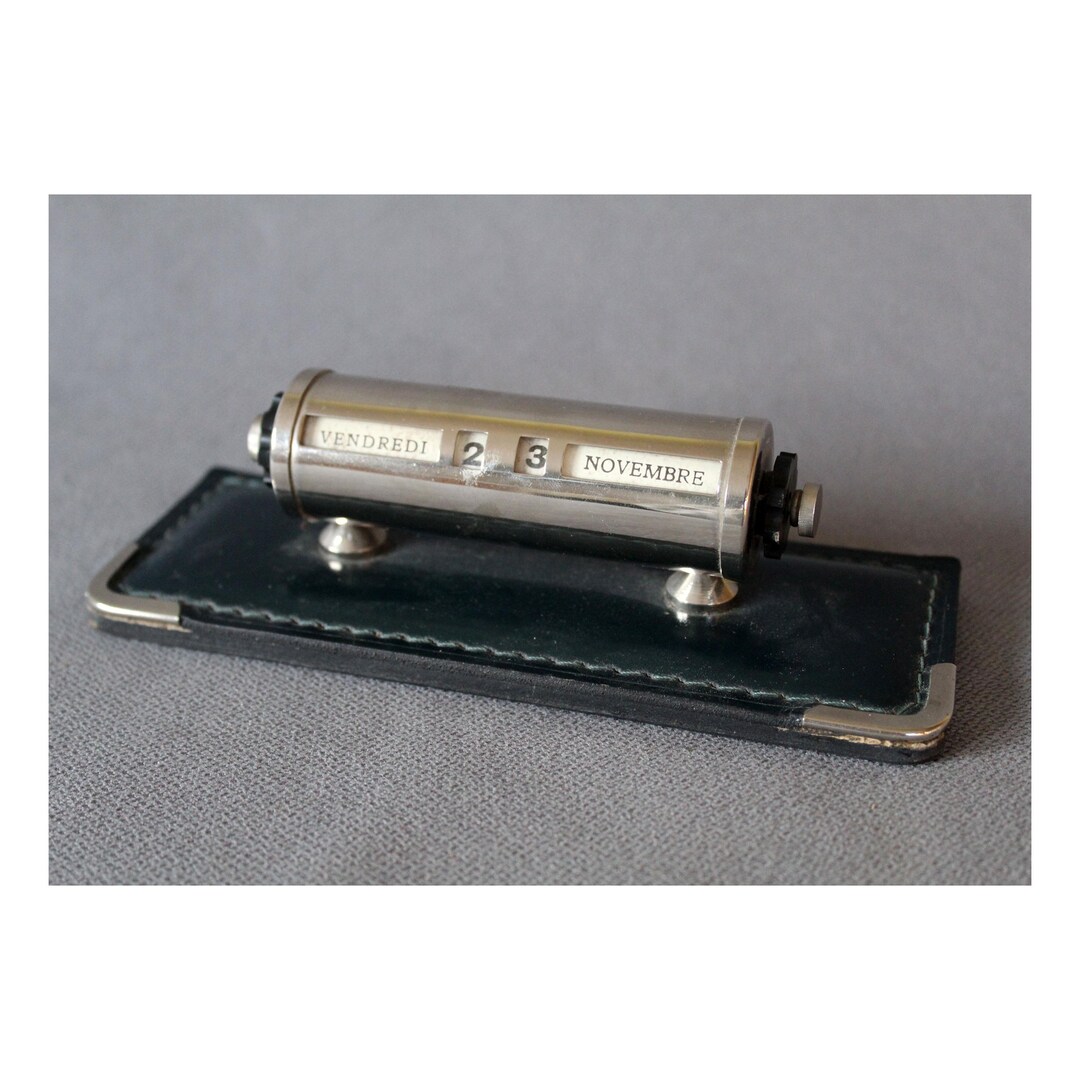 Vintage Retro French Perpetual Calendar, Dark Green Vinyl, Chrome Metal ...