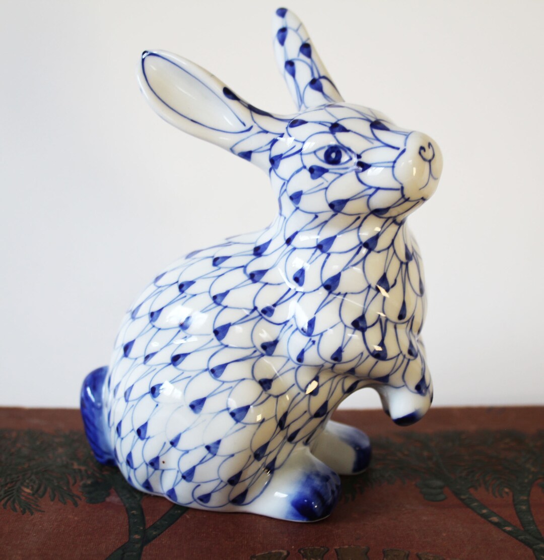 Vintage Ceramic Fishnet Rabbit, Ceramic Bunny, Andrea Sadek Style, Blue ...