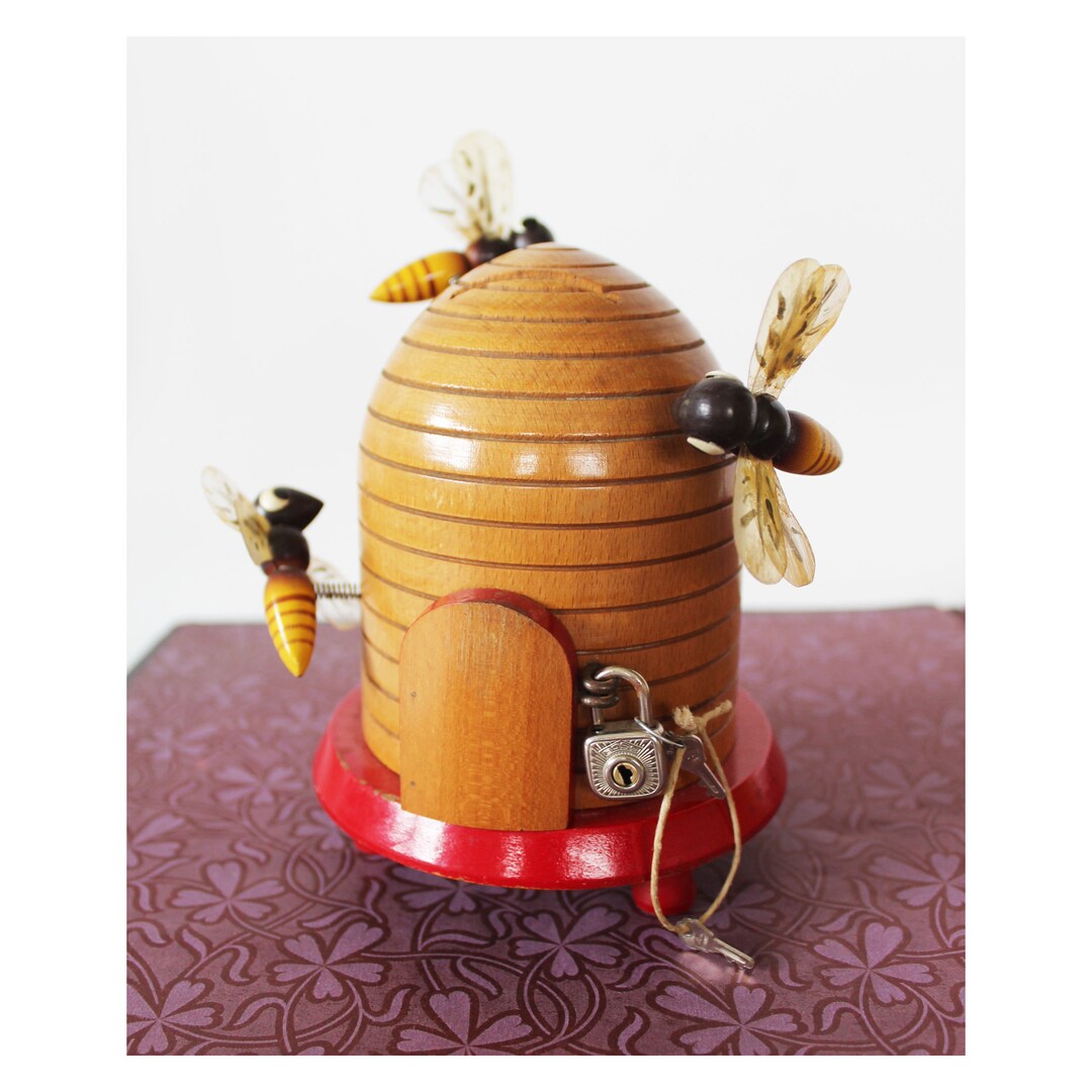 Vintage Circa 1950s Bee Hive Shaped Hand Made Wood Money Box, Bees on ...