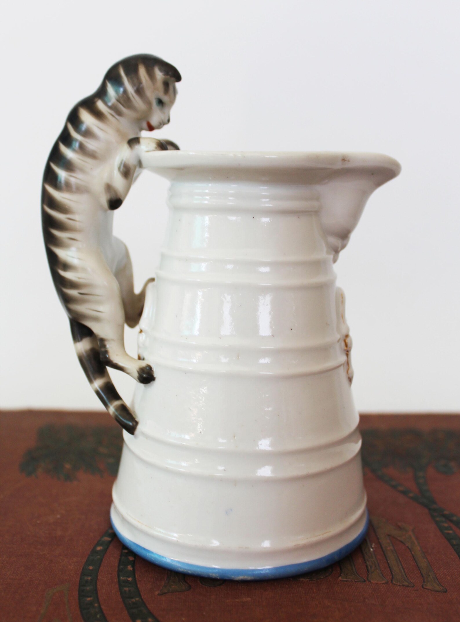 Antique 19th Century Porcelain Pitcher With Climbing Cat Handle, White ...