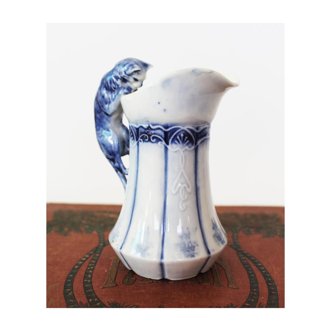 Antique Delft Porcelain Pitcher With Climbing Cat Handle, Delft Blue ...
