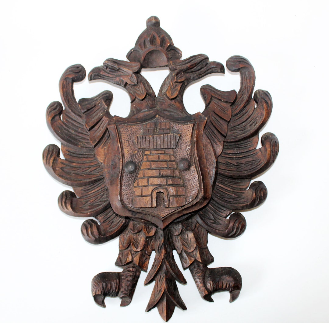 Vintage Hand Carved Wood Coat of Arms, Double Headed Eagle, Castle ...