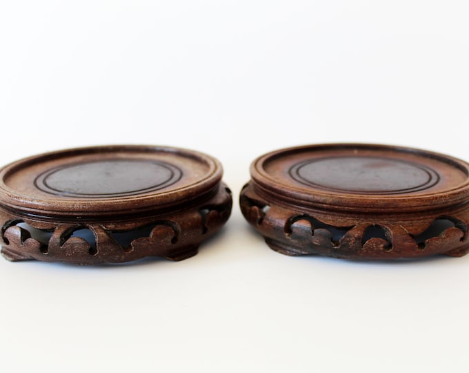 2 Carved Wood Round Display Stand, Chinese Carved Ebonised Style ...
