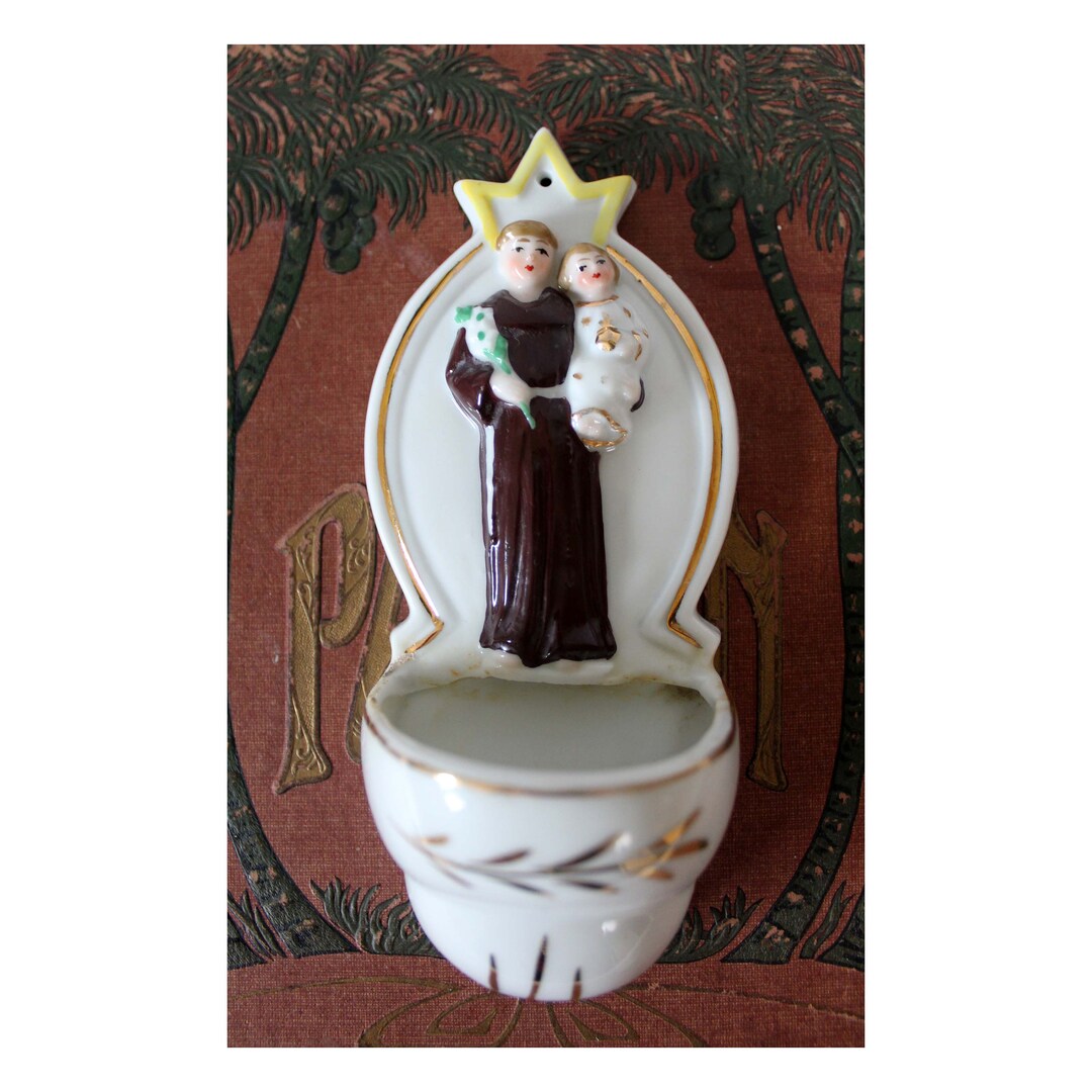 Antique German Porcelain Holy Water Stoup, Holy Water Font, Polychrome ...