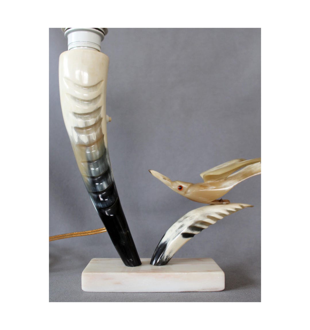 Vintage Horn Sculpture Table Lamp, Sculpture, Carved Horn, Bird on ...