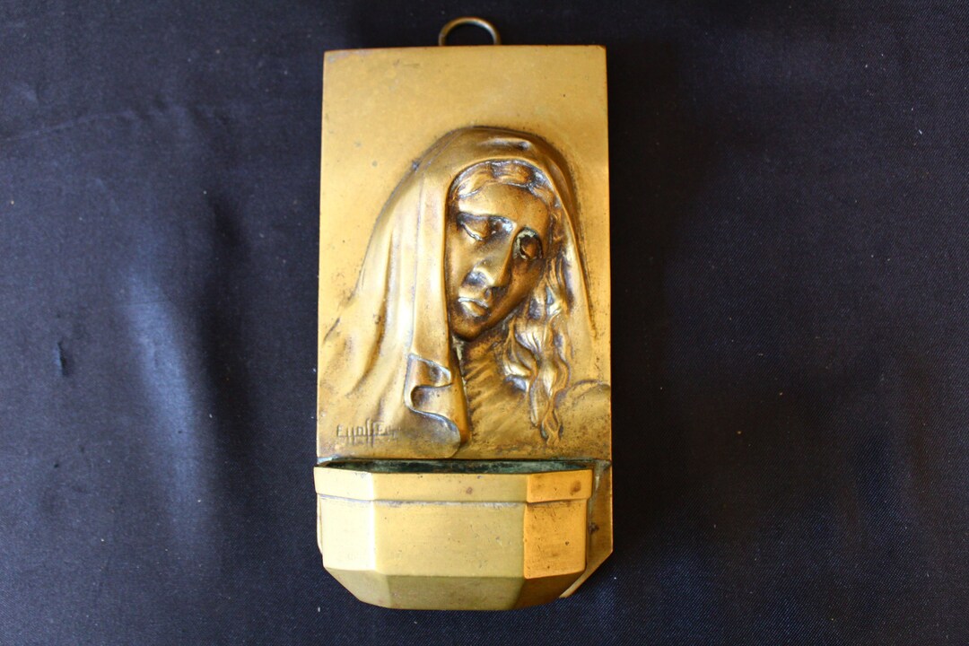 Art Deco Brass Holy Water Font, Holy Water Stoup, Virgin Mary Madonna ...