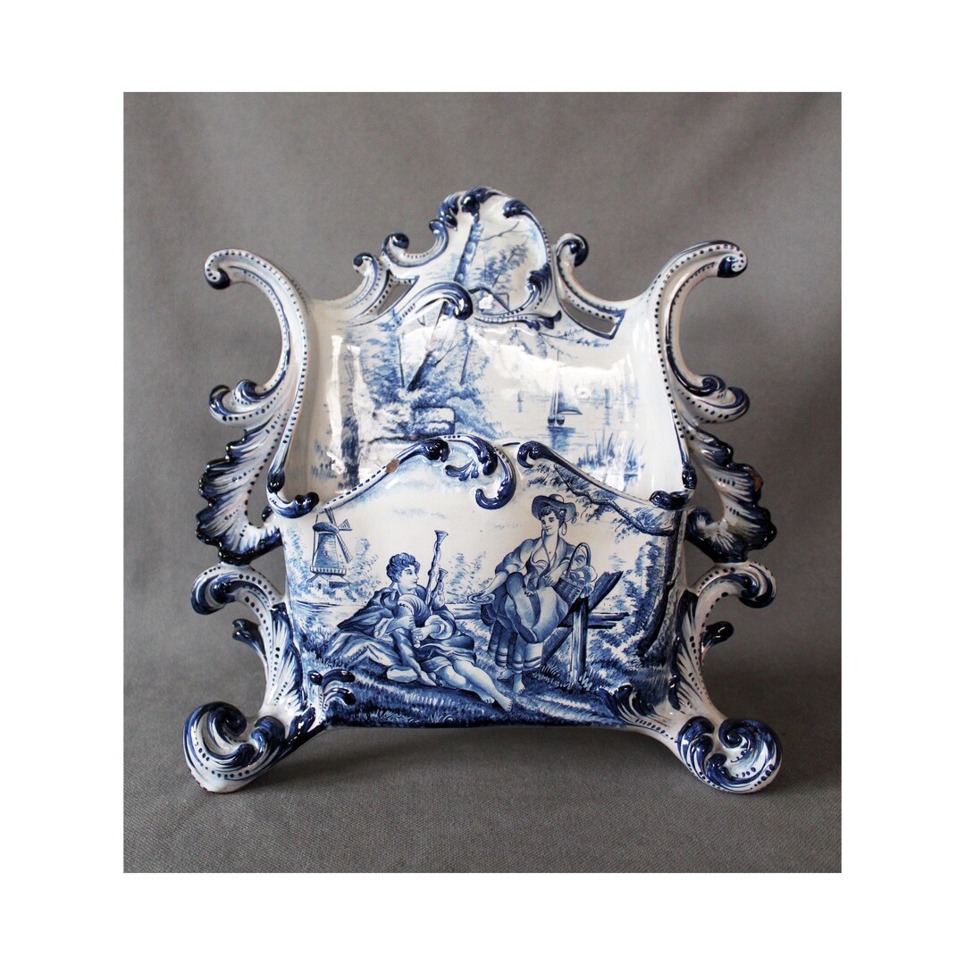 Large 19th Century Delft Ceramic Enamel Letter Holder, Blue and White ...