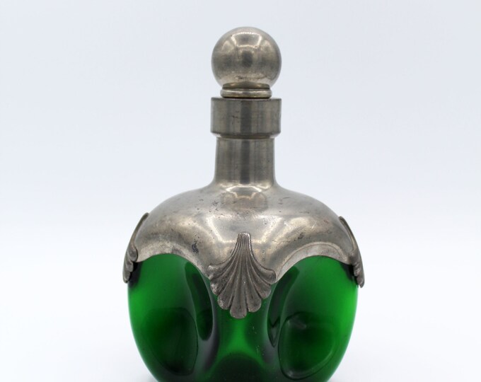 Vintage Circa 1950s French Green Glass and Pewter Decanter, Embossed ...