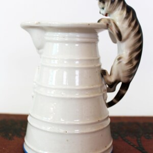 Antique 19th Century Porcelain Pitcher With Climbing Cat Handle, White ...