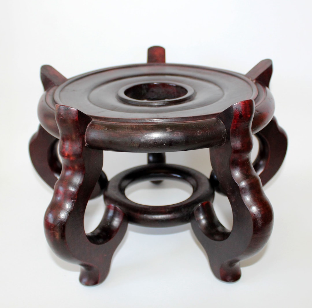 Very Large Vintage Carved Wood Round Display Stand, Chinese Carved Dark ...