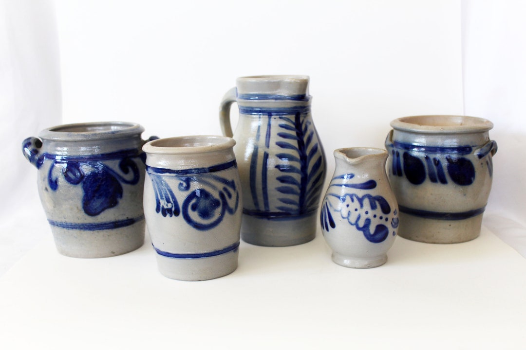 Mix of Vintage Cobalt Blue Gray Salt Glaze Ceramic Pots Jars and ...