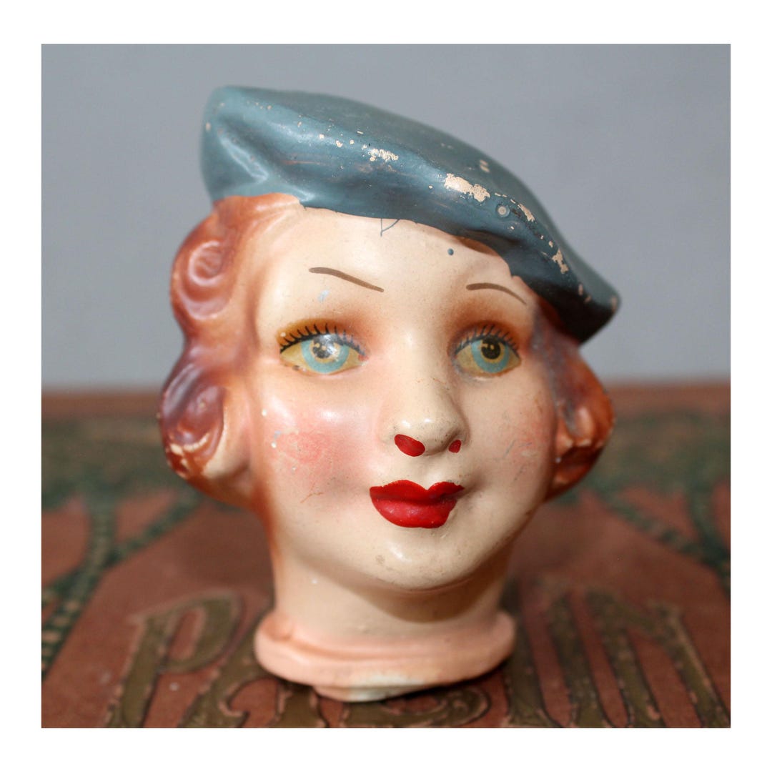Antique Porcelain Puppet Head, Doll Head, French Lady With Beret, Hand ...
