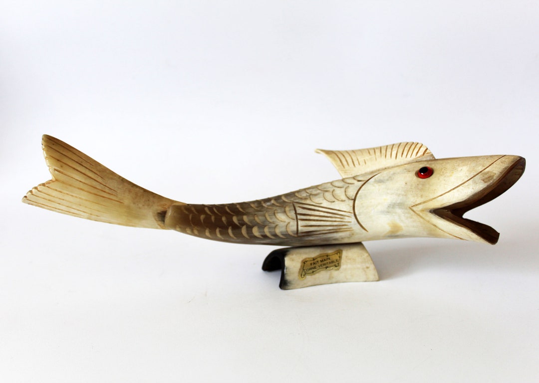 Vintage Hand Carved Cow Horn Fish Sculpture, French France Swimming ...