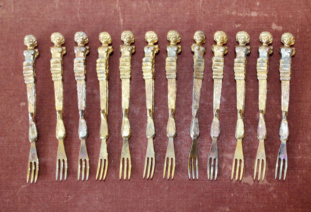 12 Gold Metal Pickle Forks, Cocktail Forks, Caryatid Top, Serving Forks, Small Forks, Flatware ...
