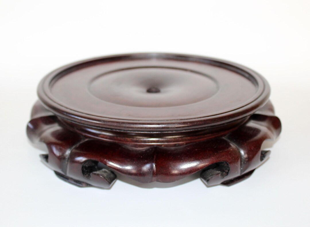 Large Vintage Carved Wood Round Display Stand, Chinese Carved Dark ...