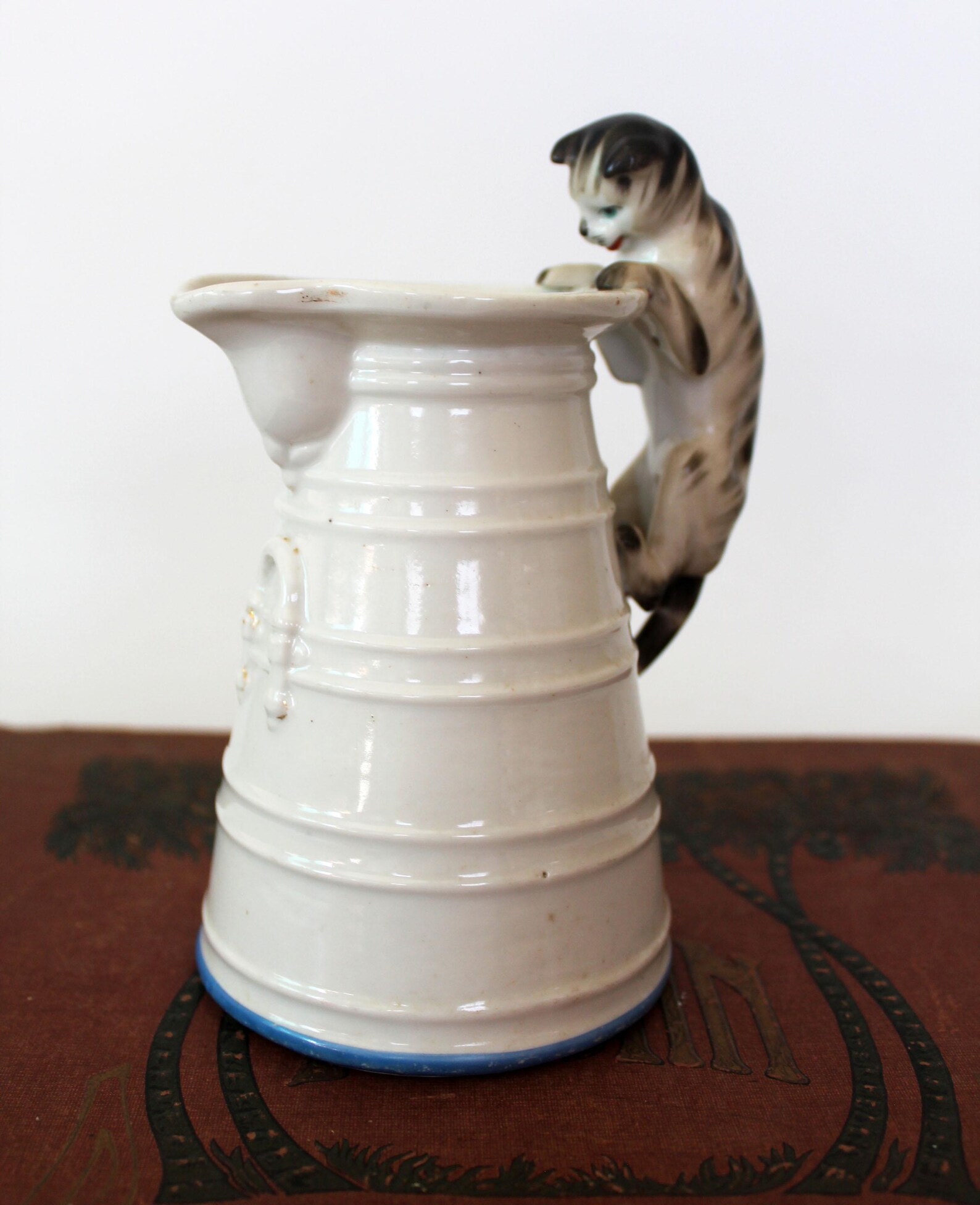 Antique 19th Century Porcelain Pitcher With Climbing Cat Handle, White ...