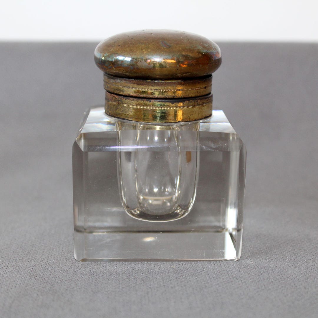 Antique Art Deco Square Glass Inkwell, Faceted Glass, Brass Top ...