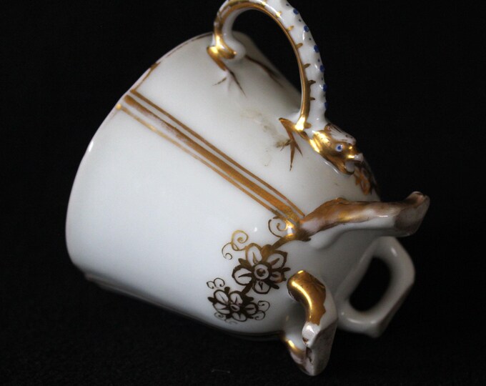 Unusual Antique Porcelain Tea Cup With Lizard Handle, Gold Rims and ...
