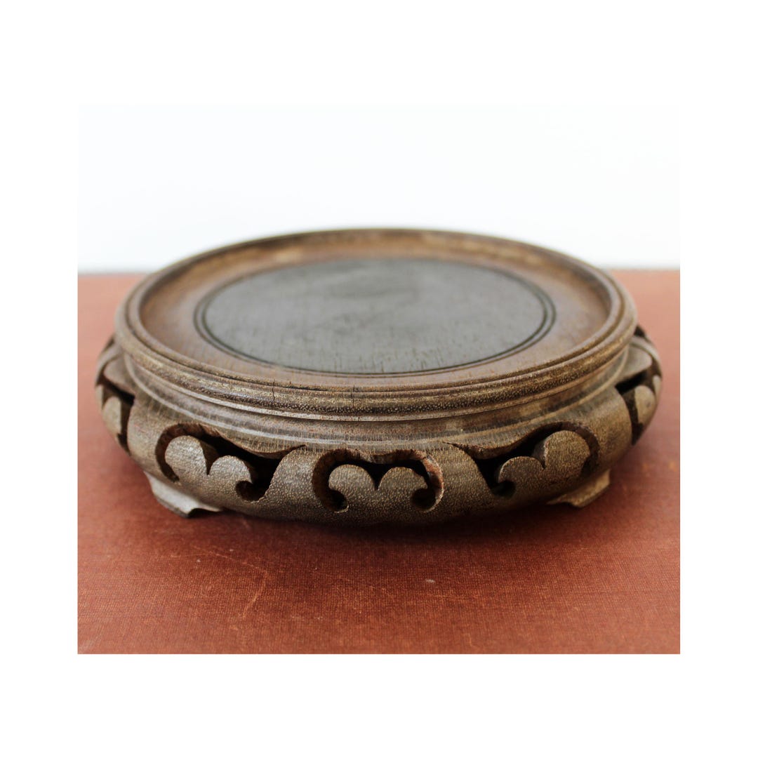 Vintage Carved Wood Round Display Stand, Chinese Carved Brown Intricate ...