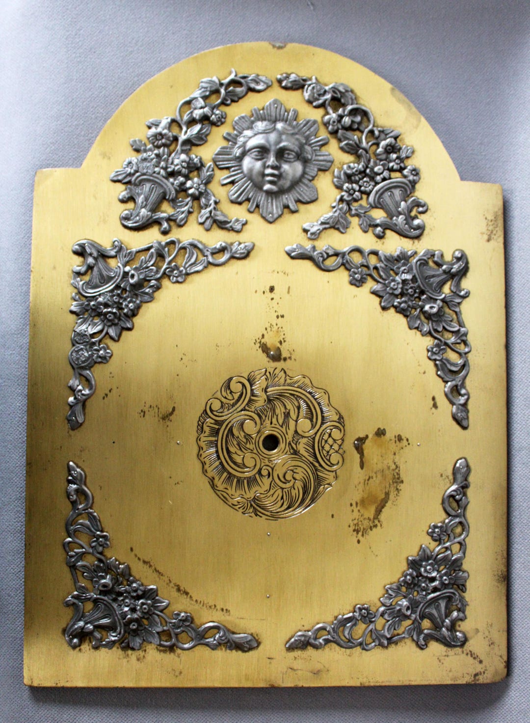 Vintage Grandfather Clock Face, Replacement Part, Pewter Decor on Brass ...