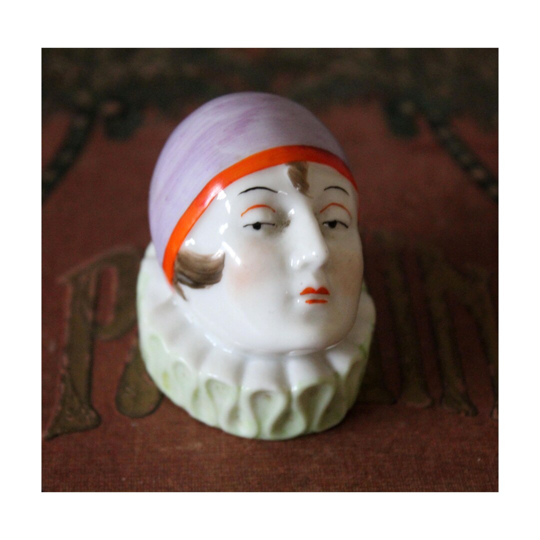 Antique Art Deco German Porcelain Pierrot Doll Head, Jester Collar, Was ...