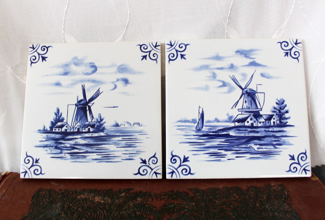 2 Ceramic Delft Style Tile, Hand-painted Delft Blue, Windmill, Country ...