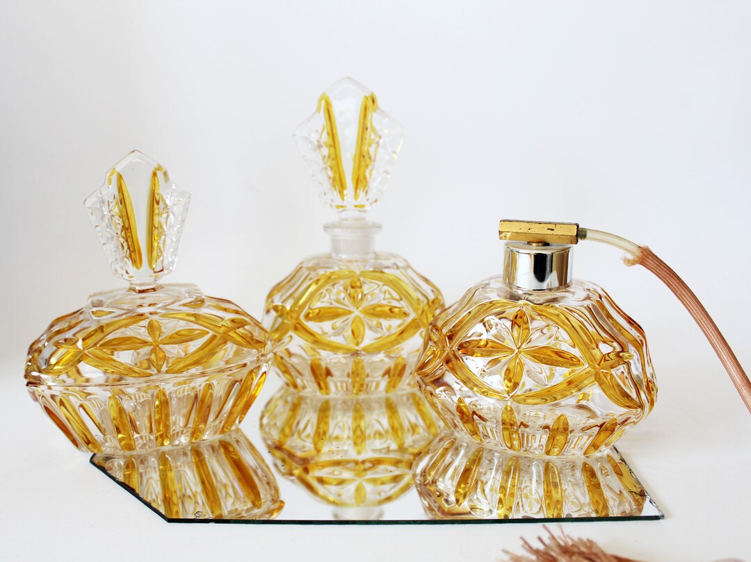 Set of 3 Piece Art Deco Crystal Perfume, Box and Atomiser, Amber Glass ...