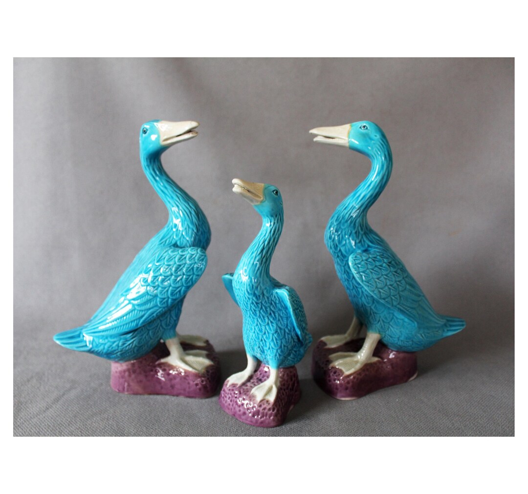 Set of Three Vintage Porcelain Duck Sculptures, Blue Turquoise Duck ...