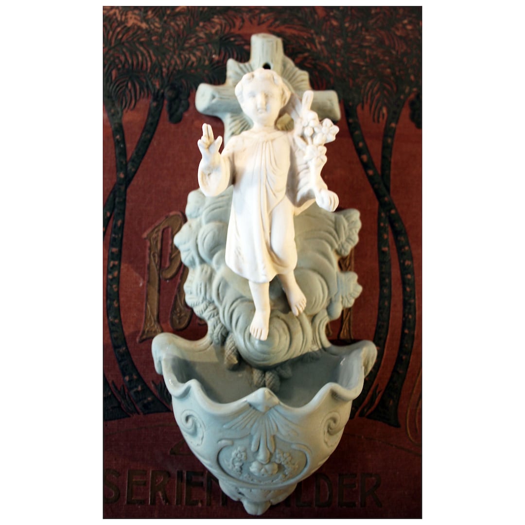 Antique 3D Bisque Porcelain Holy Water Stoup, Holy Water Font, Mint ...