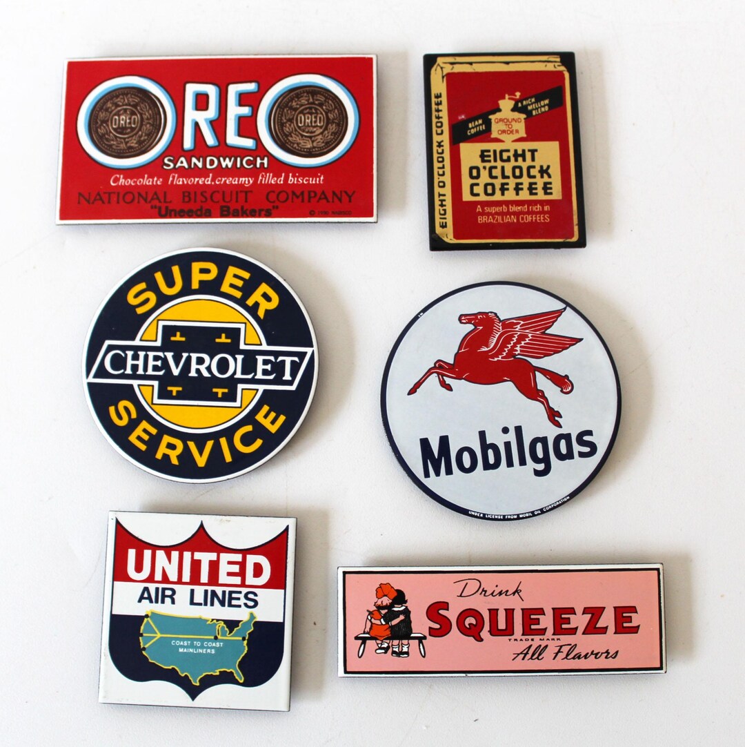 Vintage 1990s Repro Enamel Magnets, Automobile Mobilgas, United Air ...