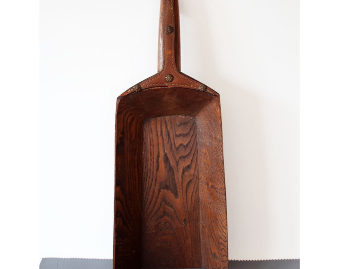 Extra Large Vintage Wood Shovel, Grain Scoop, Brass and Leather ...