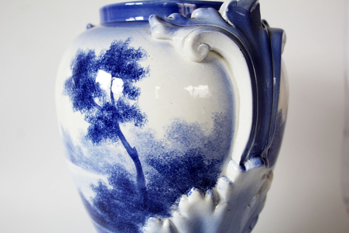 Tall Large Vintage Circa 1930s Blue and White Ceramic Vase, Delft Style ...