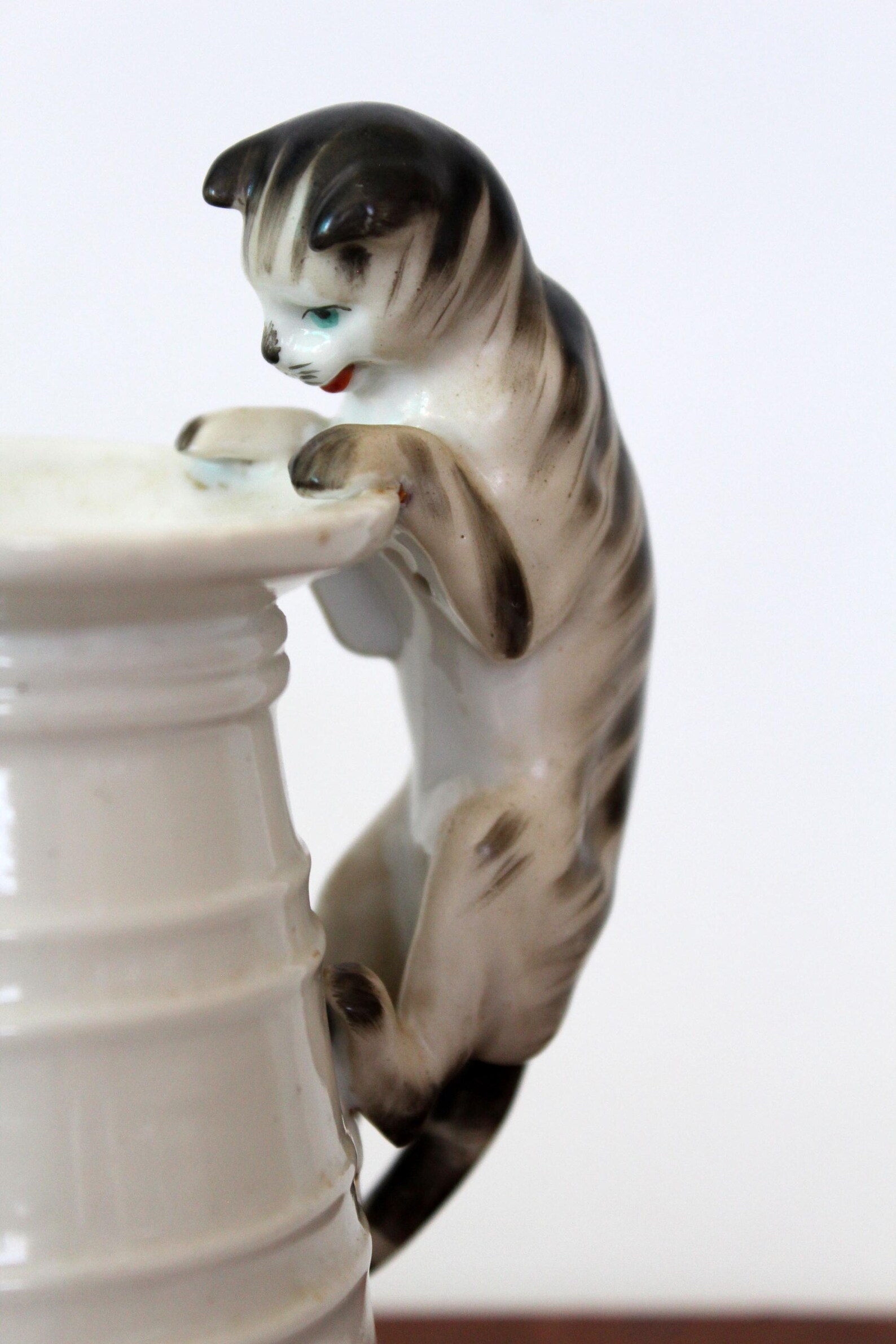 Antique 19th Century Porcelain Pitcher With Climbing Cat Handle, White ...