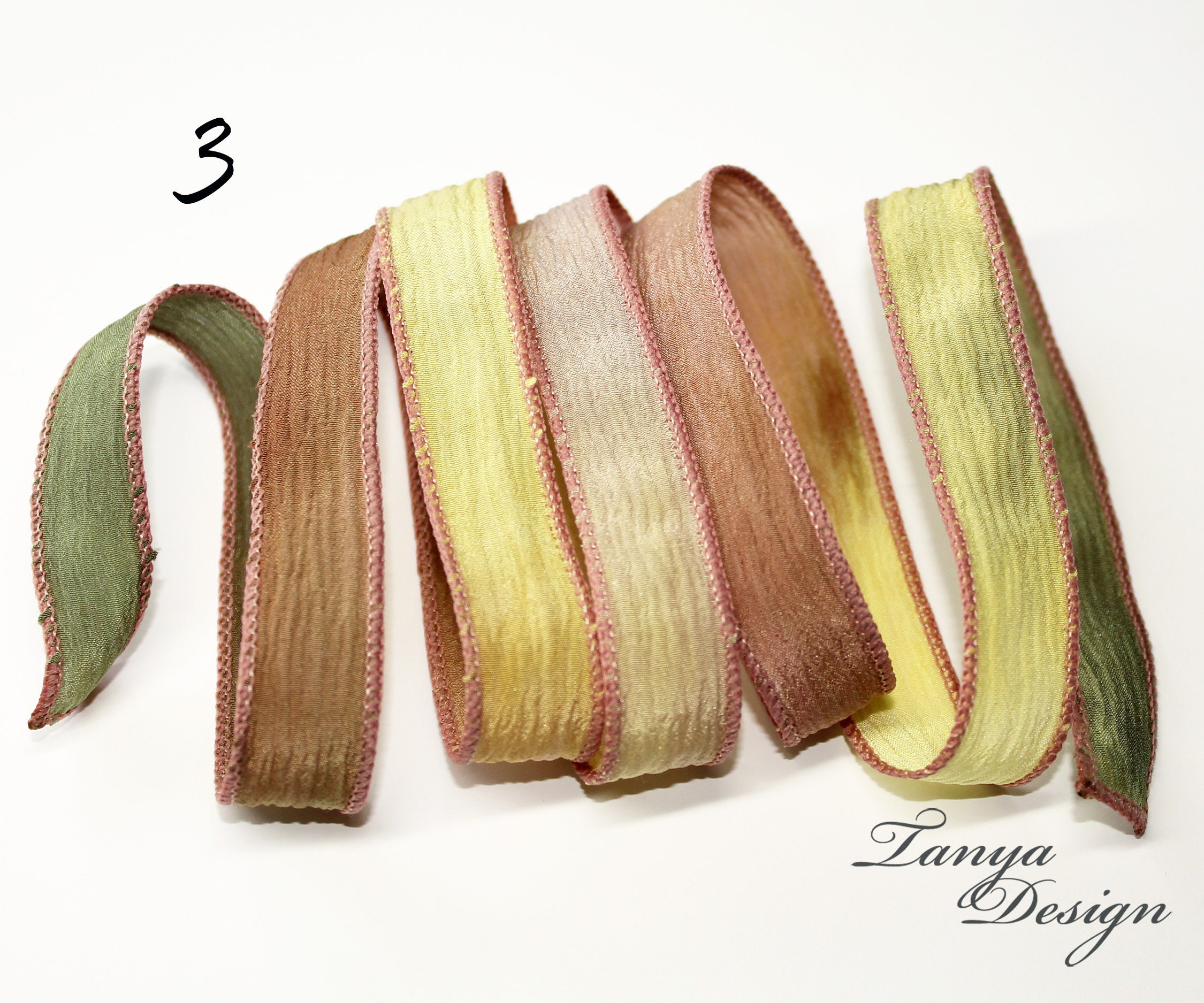 Hand Dyed Pure Silk Ribbons 42'' Long. Dark Green, Beige & Rust Silk ...