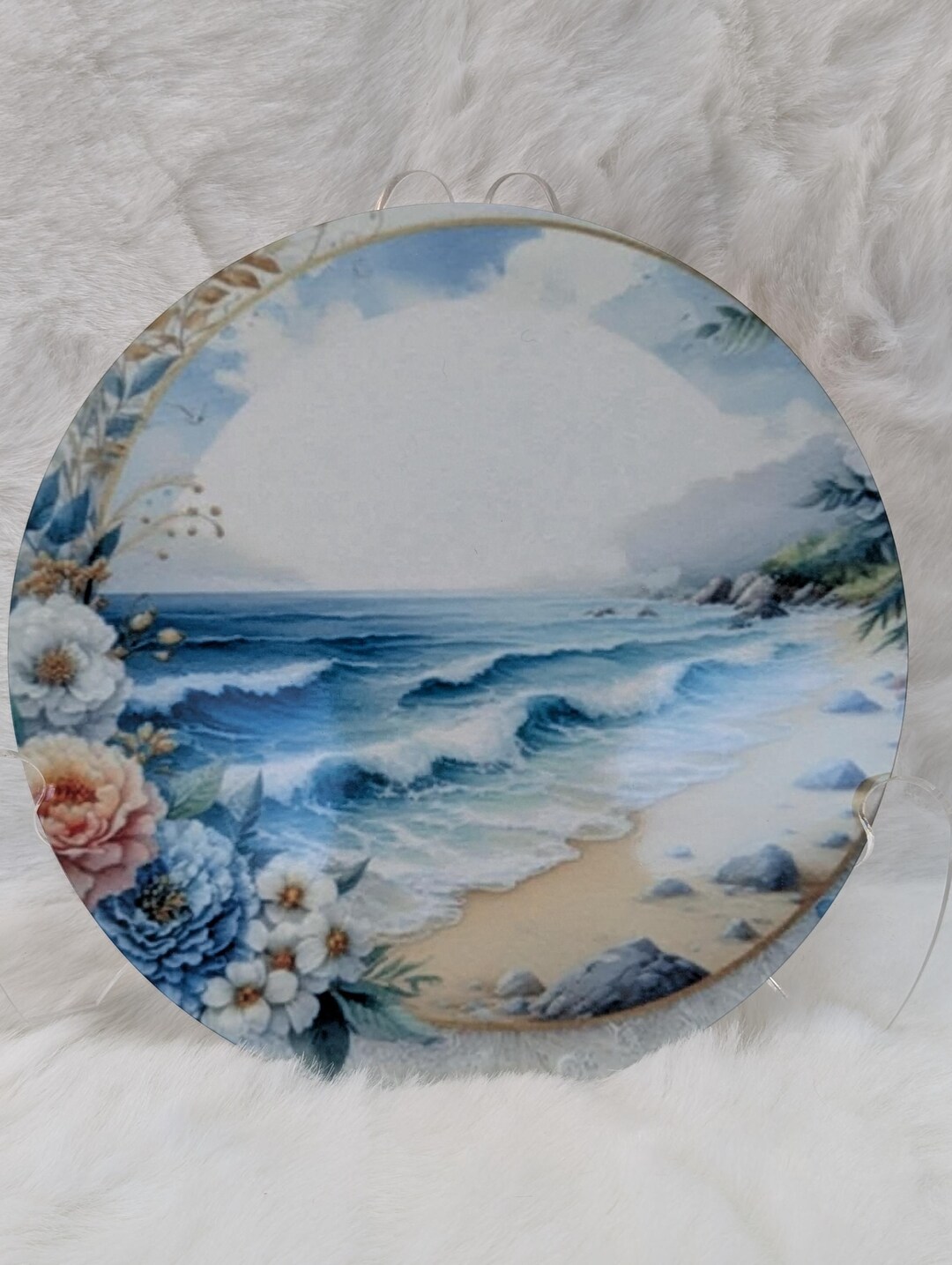 8 Inch Metal Disk, Picture is an Ocean Scene With a Beach and Flowers ...