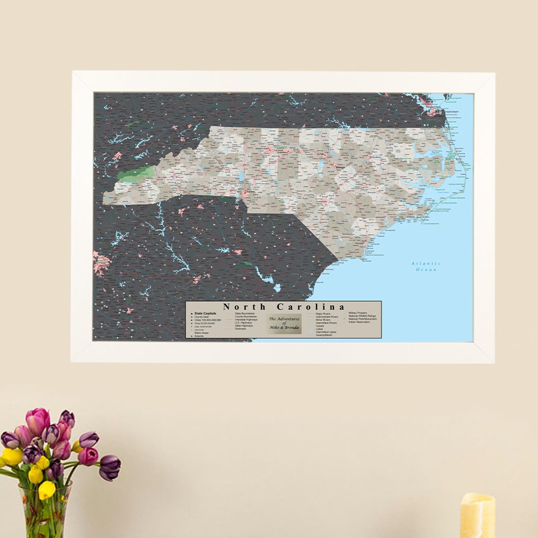 Personalized North Carolina Earth Toned Travel Map With Pins - Push Pin ...