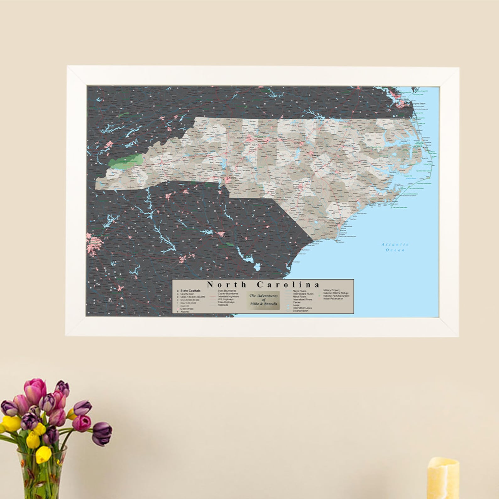 Personalized North Carolina Earth Toned Travel Map With Pins - Push Pin ...