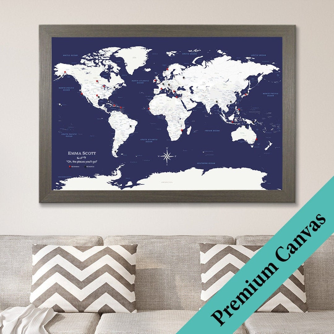 CANVAS Personalized Navy Explorers World Pin Map - Navy Push Pin World ...